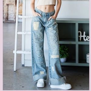 Oli & Hali | Jeans | Oli Hali Mineral Washed Wide Leg Jeans Love Patch Womens Denim Jeans Boho ...